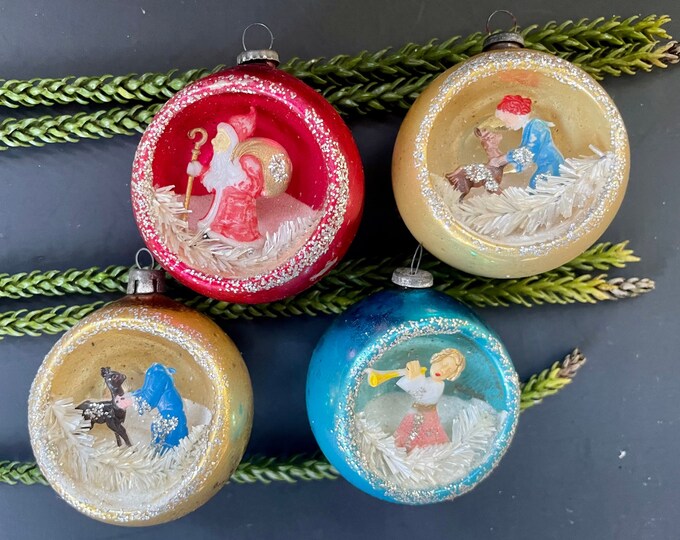 Vintage 50s Glass Diorama Ball Ornaments in Red Gold Blue, 1950s Mid ...