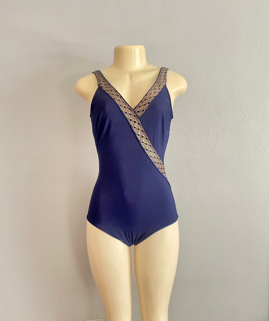 Vintage 80s Roxanne Bra Sized One Piece Swimsuit in Blue & Gold M Size ...