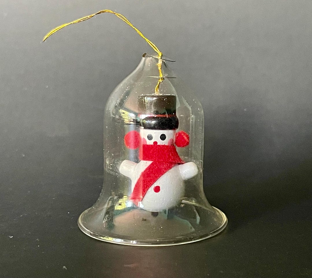 Vintage Glass Bell With Wooden Snowman Christmas Ornament Red White ...
