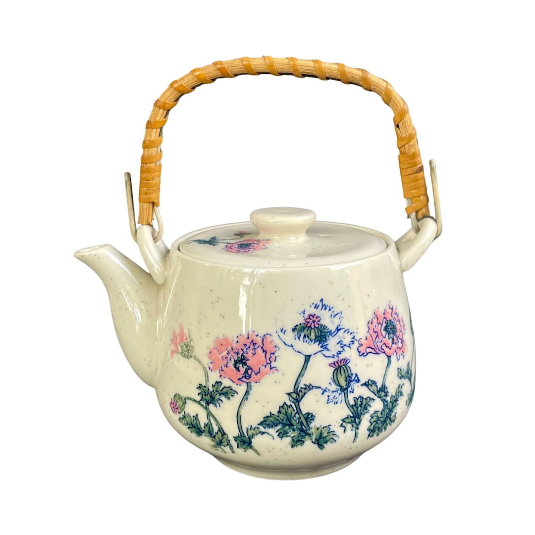 Vintage Japan Stoneware Teapot With Wicker Handle & Floral Decor by ...