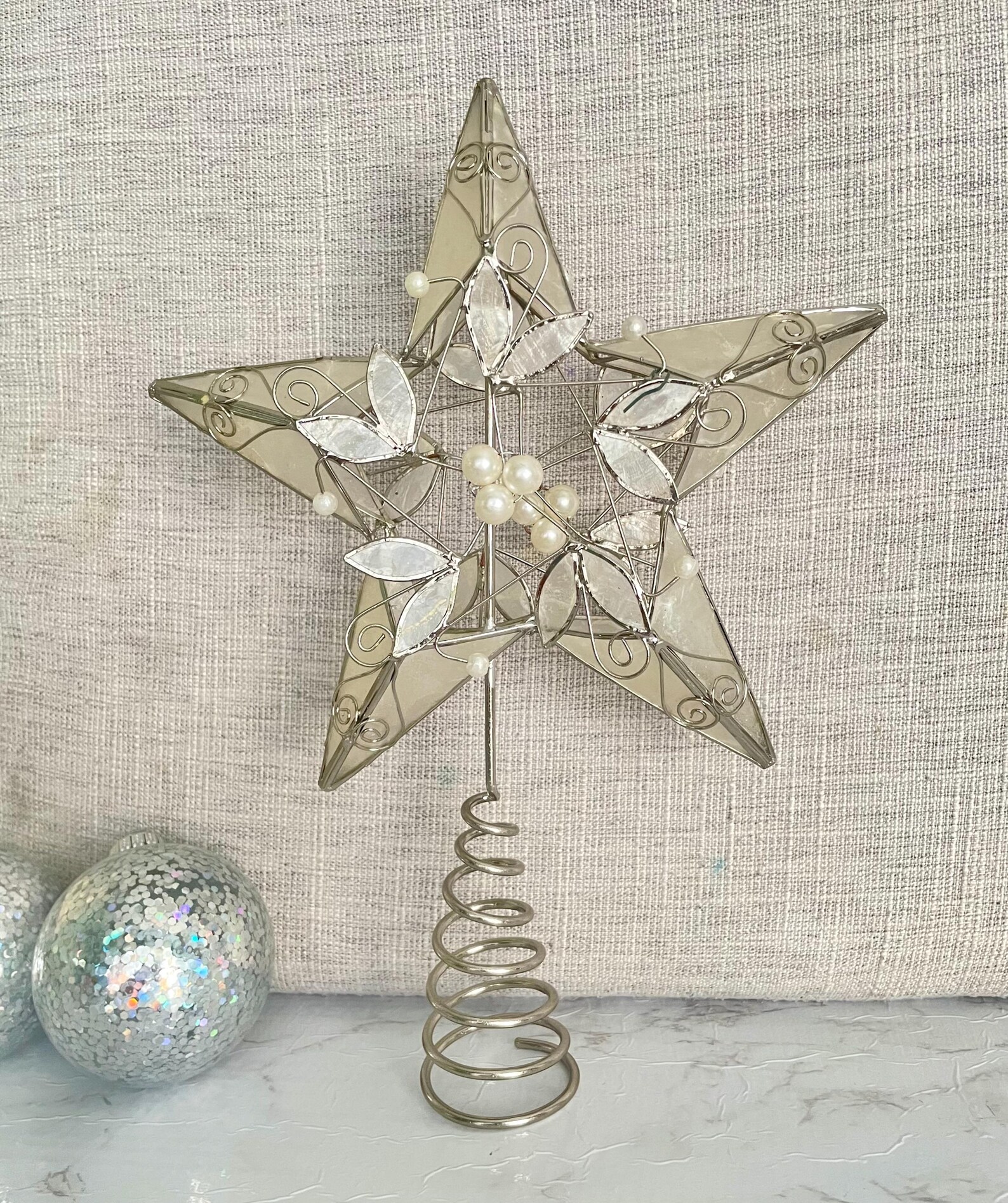 Vintage Capiz Shell Tree Topper Star With Pearls & Silver Tone Metal ...