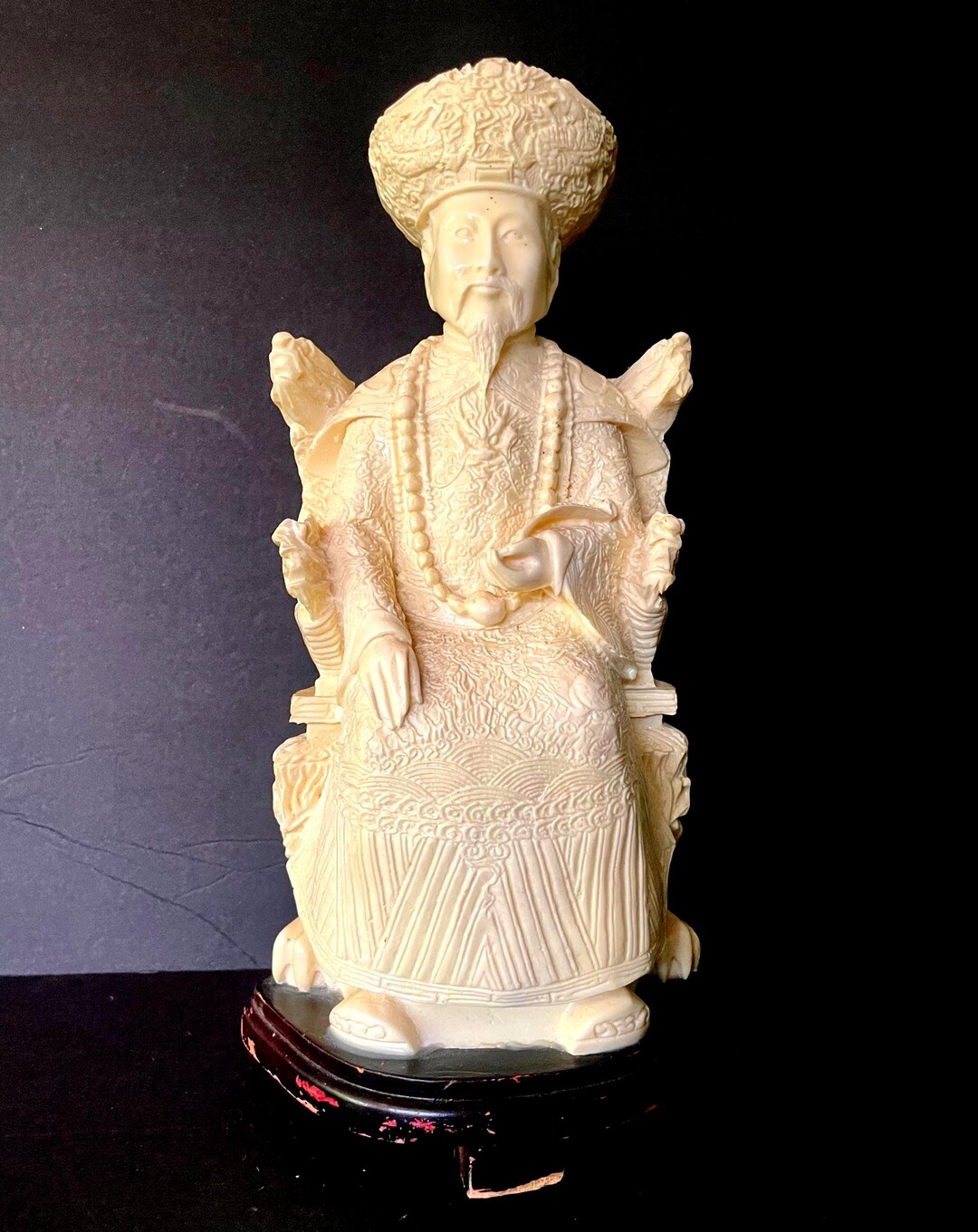 Vintage Chinese Emperor Statue on Dragon Throne – 11.5" Faux Ivory ...