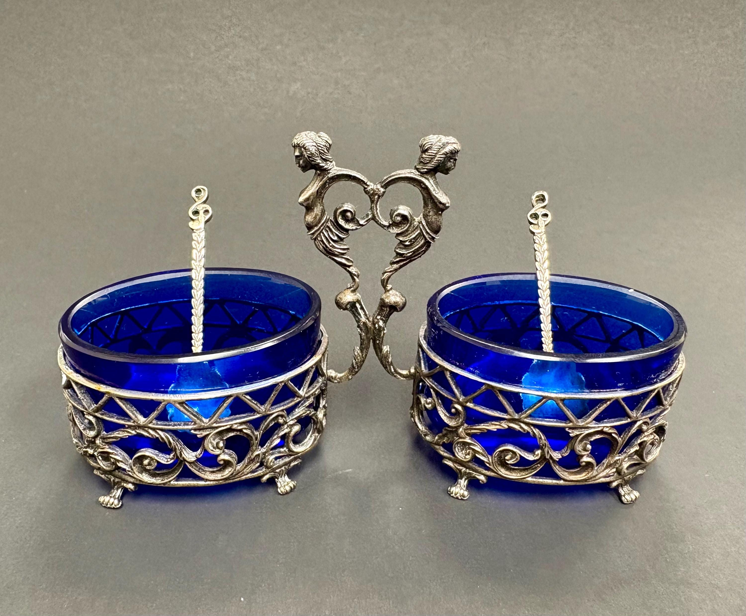 Antique French Silver & Cobalt Blue Glass Salt Cellars With Serving ...