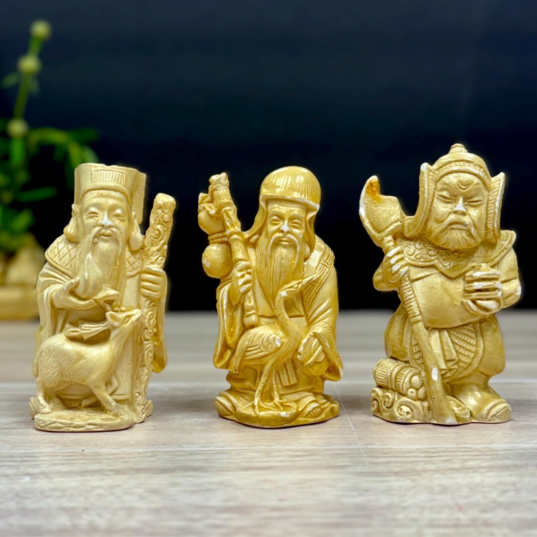 Vintage Set of 3 Chinese Deities Hand-carved Resin Figures Mid-20th ...