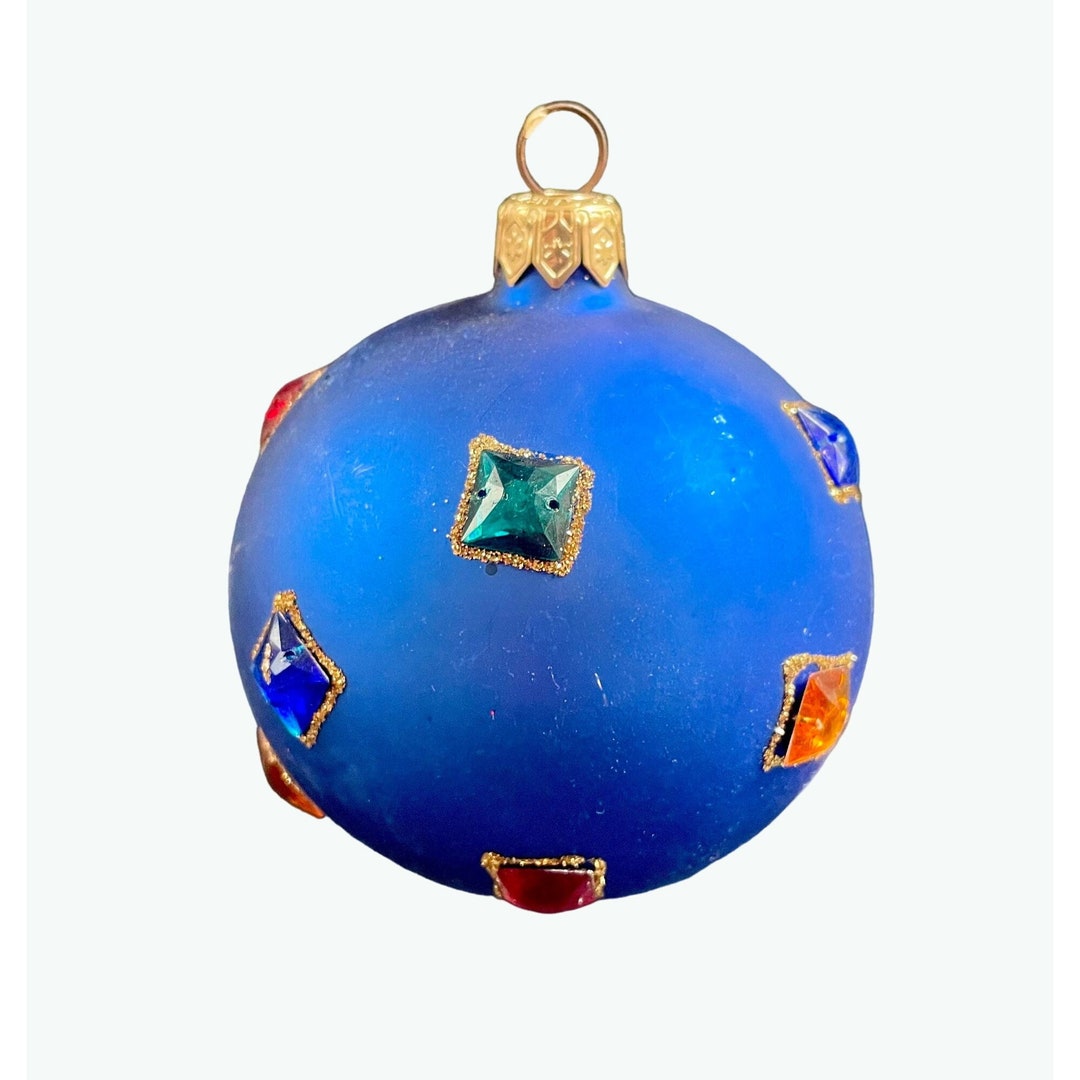 Vintage Glass Ornament Blue With Rhinestones Decorations Made In Poland Christmas Decor 3
