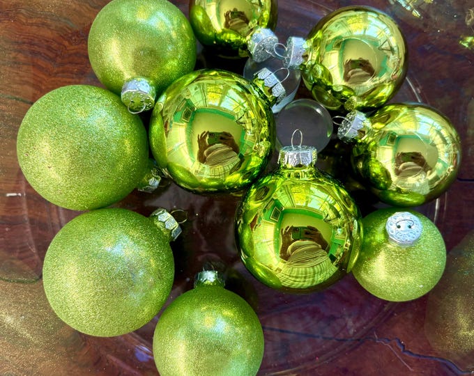 Lime Green Glass Ornaments by Rauch Set of 10 Baubles Shiny and Glitter ...