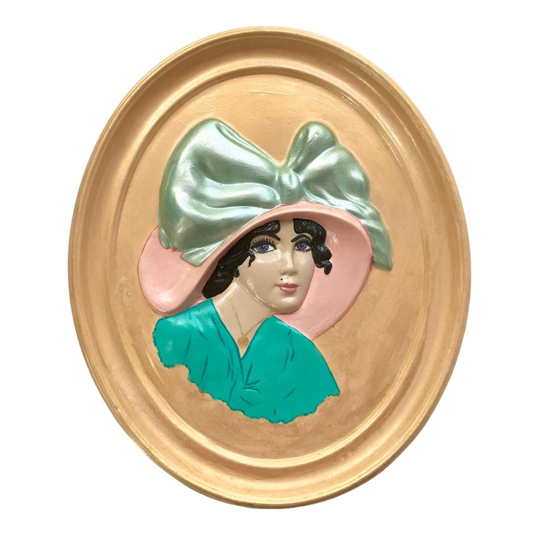 Vintage Wall Hanging of Lady With Hat Oval Ceramic Pottery Wall Decor ...