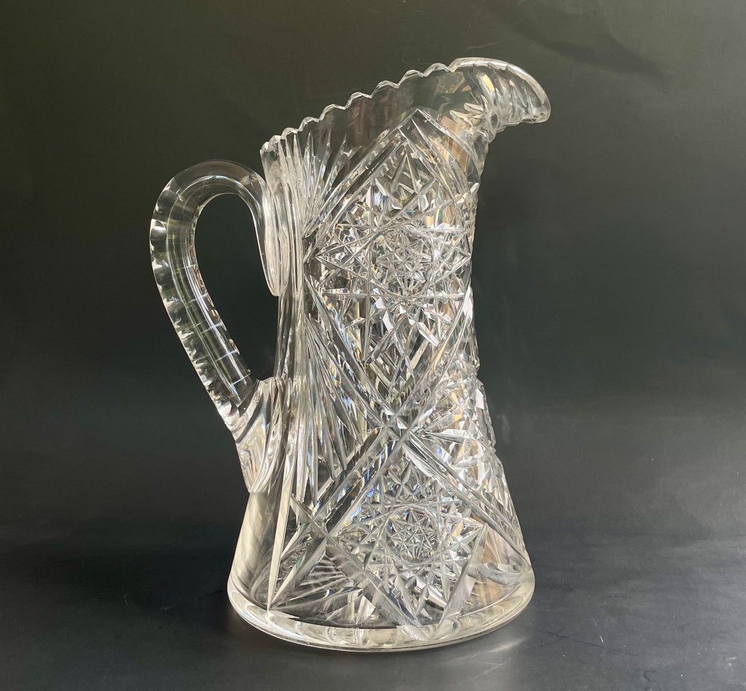 Antique Brilliant Period Cut Glass Pitcher Sawtooth Rim Hobstar Design ...
