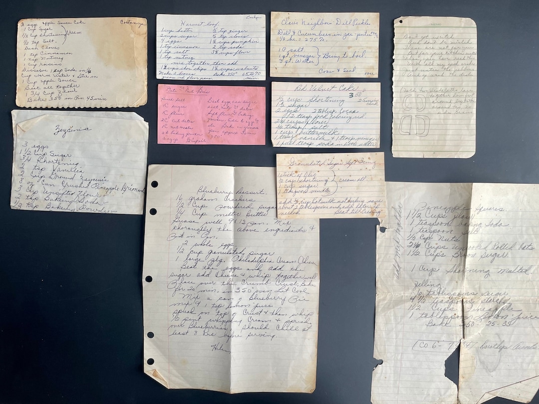 Vintage Handwritten Recipe Cards and Cuttings for Baking Kitchen Wall ...