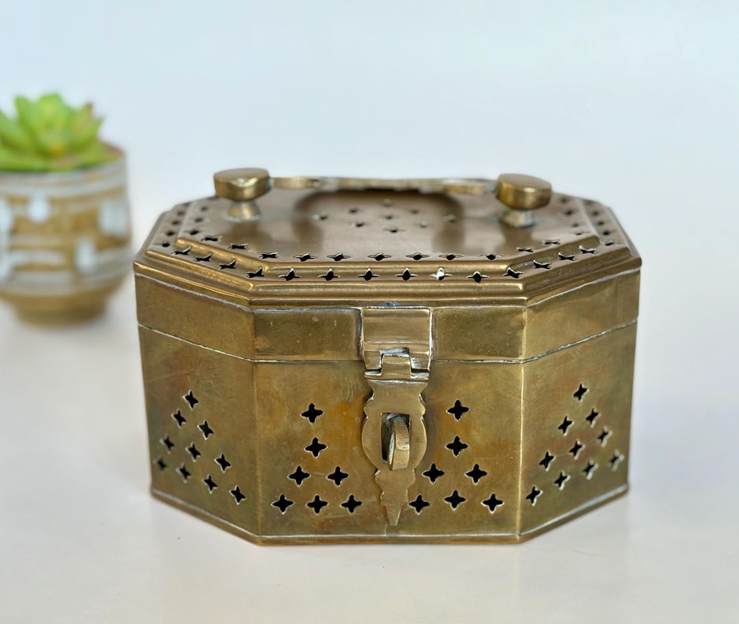 Vintage Brass Cricket Box With Handle and Latch Large 8 Sided With ...
