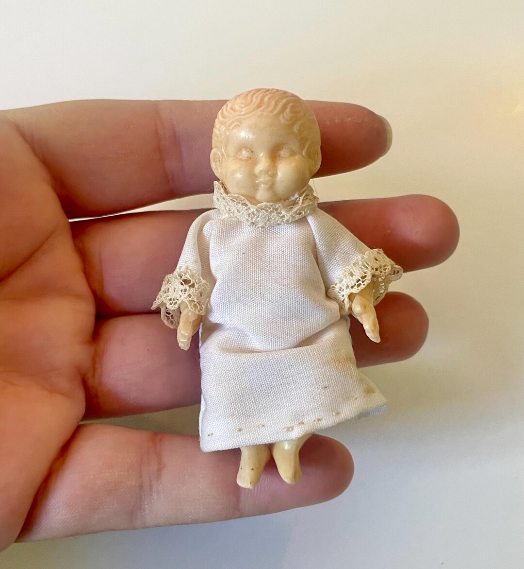 Vintage Antique Hard Plastic Baby Doll With Handmade Gown and Diaper ...