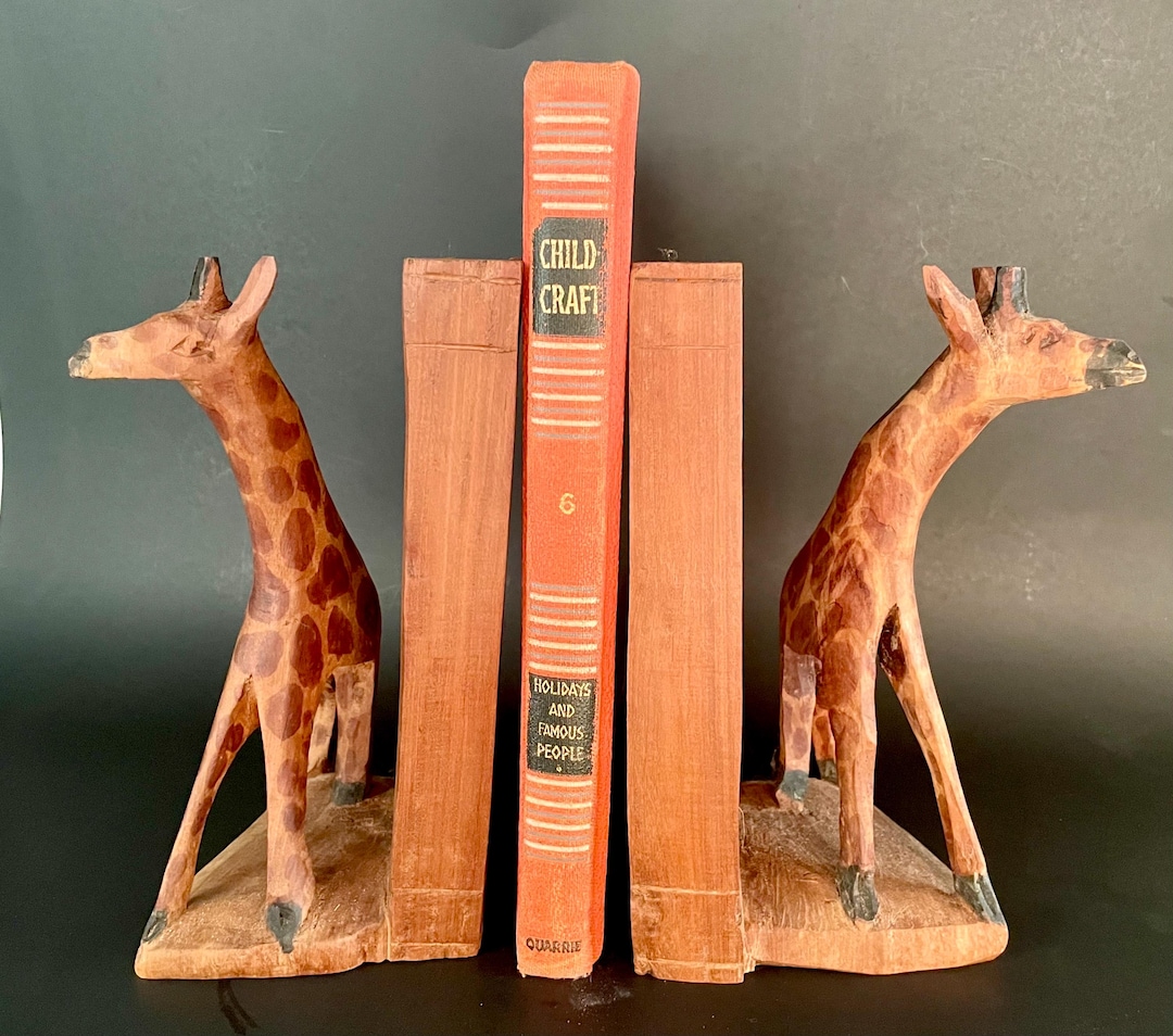 Vintage Wooden Giraffe Bookends Hand Carved 8 Inches Tall Made in Kenya ...