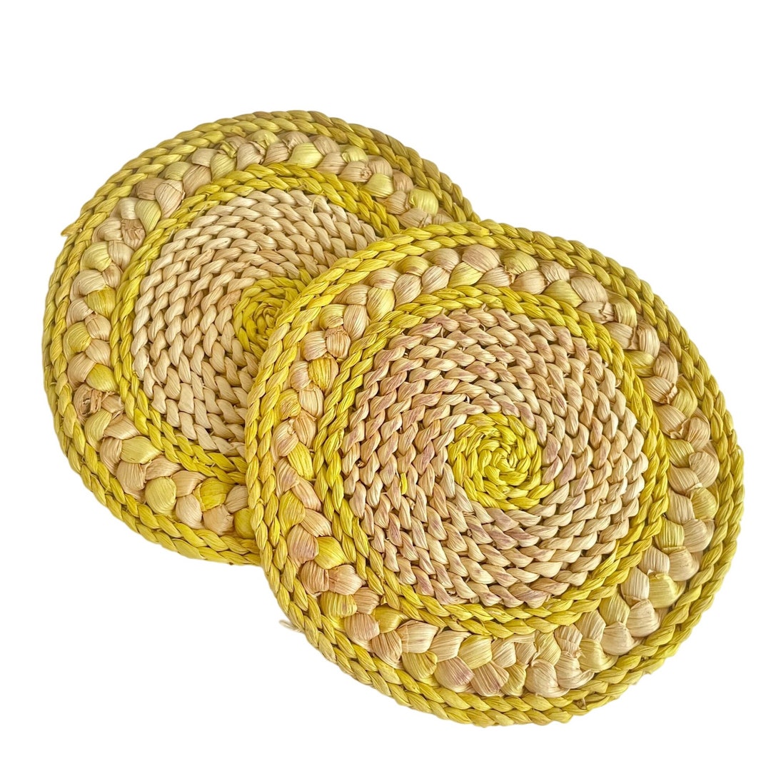 Vintage Woven Trivets Set of 2 Beige & Yellow Midcentury Fiber Art 60s ...