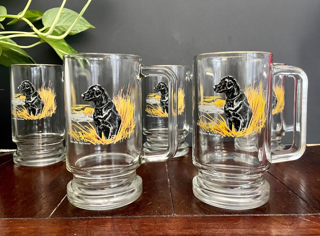 Vintage MCM Black Labrador Retriever Glass Mugs Steins Glassware Set of ...