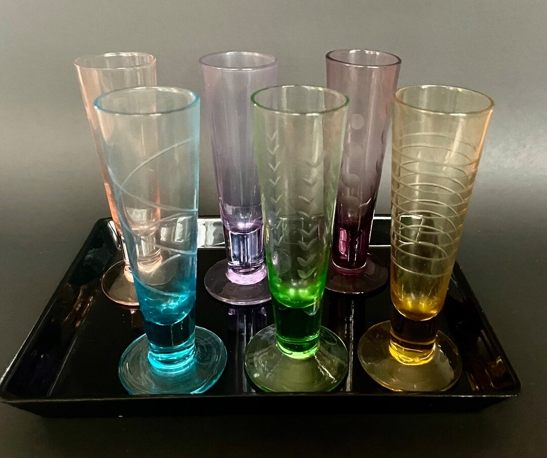 Vintage Fluted Pedestal Cordial Liqueur Glasses Multicolor Etched Set ...