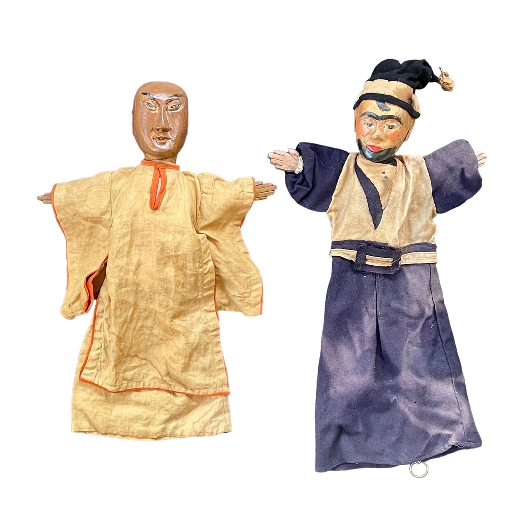 Antique Marionette Hand Puppets Set of 2 – Wooden Heads and Fabric ...