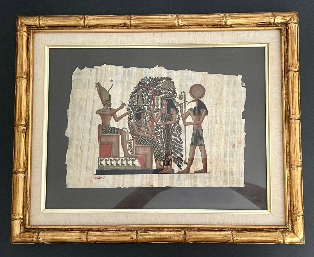 Vintage Hand Painted Egyptian Art Papyrus Framed in Gold Tone Faux ...