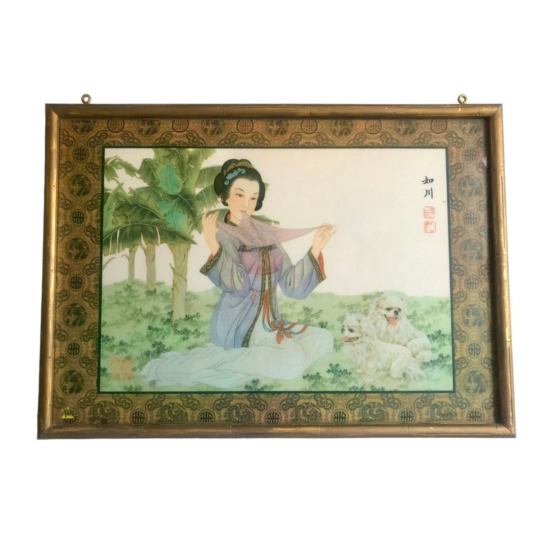 Vintage Japanese 2-sided Art Panel – Lady With Dogs & Bird Print ...