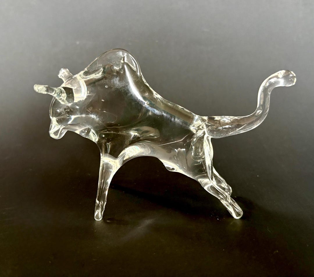 Vintage Blown Glass Bull Figurine – Midcentury Charging Bull – Stylized ...
