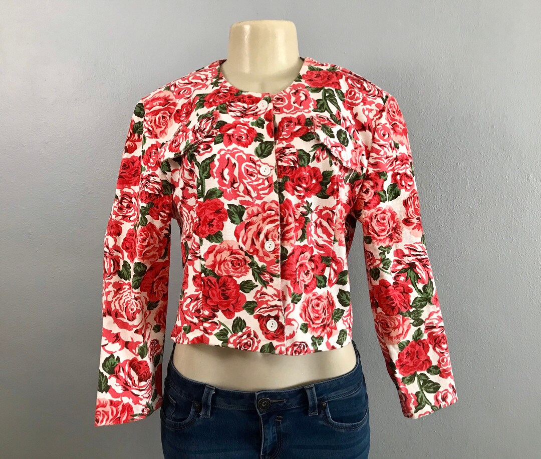 Retro Cropped Denim Jacket Size S Red Roses Vintage Short Cropped ...