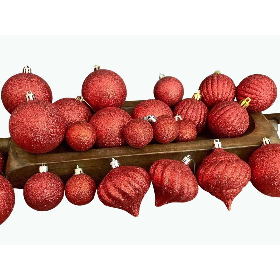 Vintage Red Glitter Ornaments Set of 25 Finial & Balls Christmas Decor ...