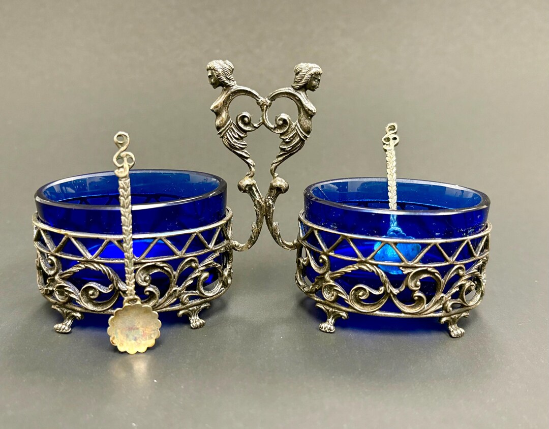 Antique French Silver & Cobalt Blue Glass Salt Cellars With Serving ...