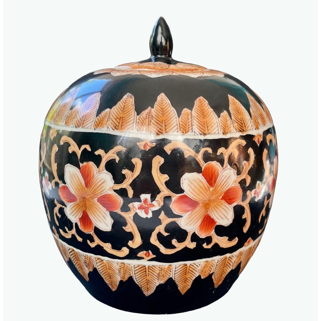 Vintage Ginger Jar With Lid 10 Inches Tall Large Porcelain Black Orange ...