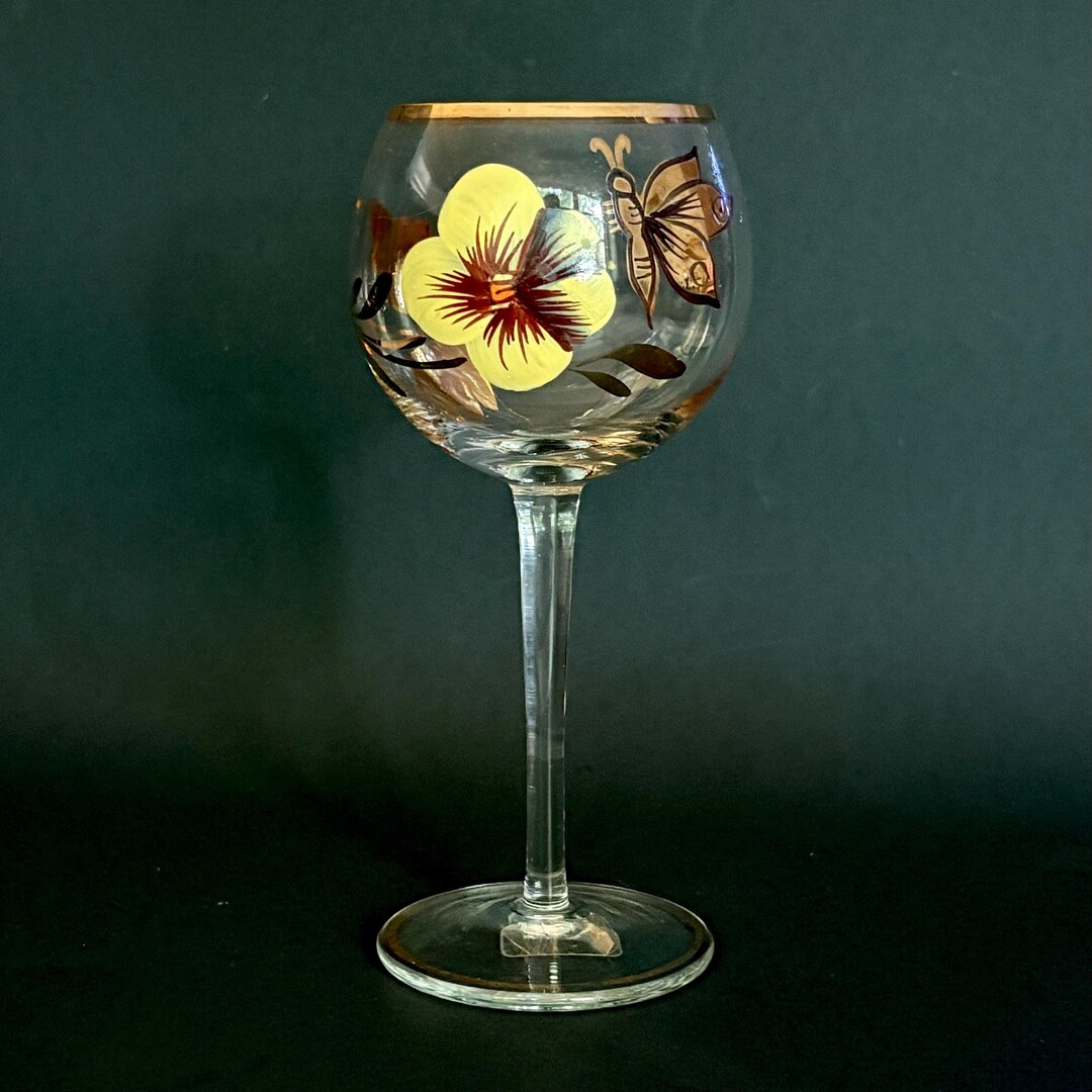 Vintage Romanian Crystal Wine Glass – Hand Painted Yellow Pansies ...