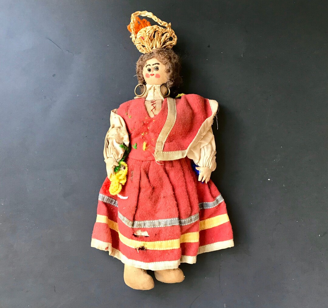 Vintage European Doll With Hoop Earrings Basket Hat and Red Dress ...