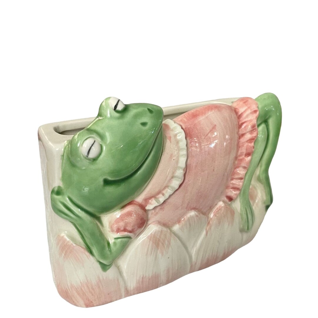 Vintage Otagiri by Mary Ann Baker Ceramic Frog Stationary & Pencil Holder Green Pink Girl Frog ...