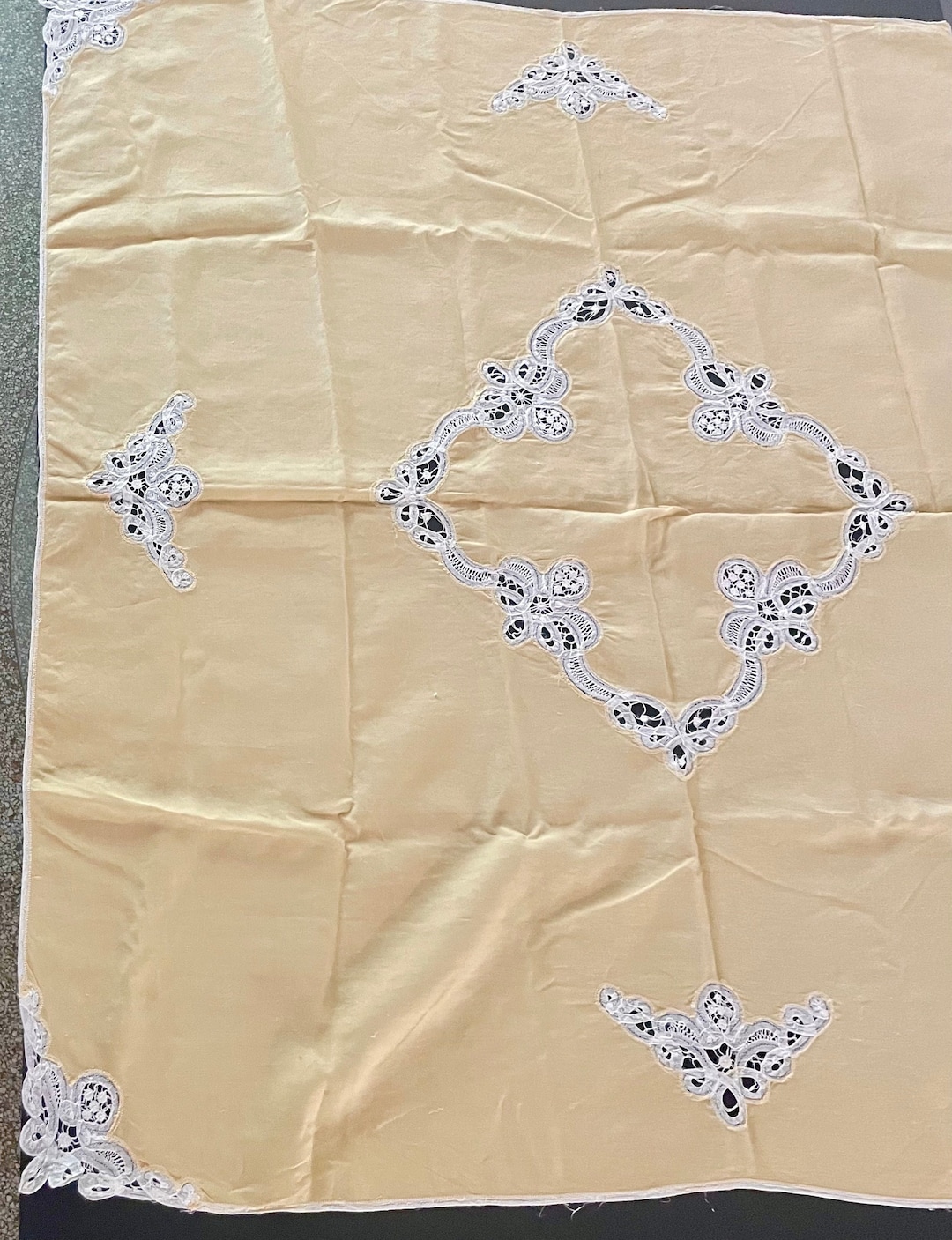 Vintage Linen Tablecloth W Lace Inserts Square in Mustard Yellow ...