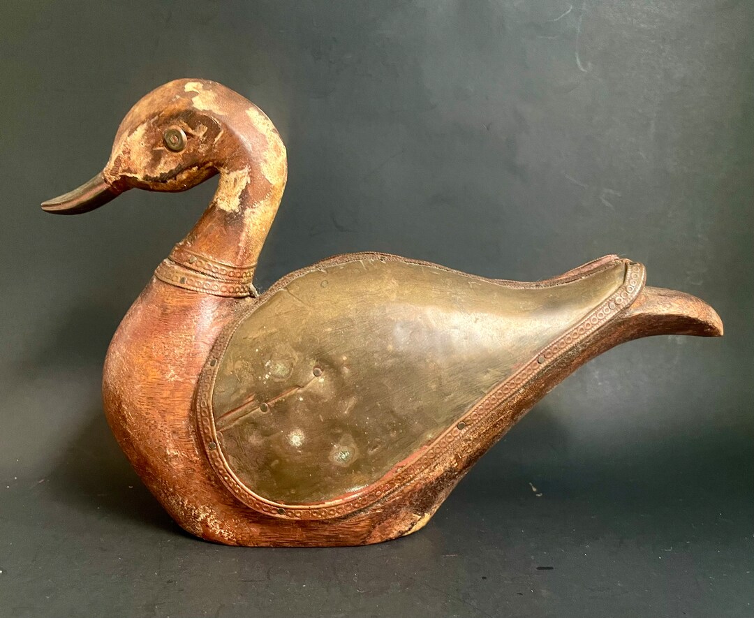 Vintage Wooden Duck With Hand Hammered Brass Details in Wings Beak ...