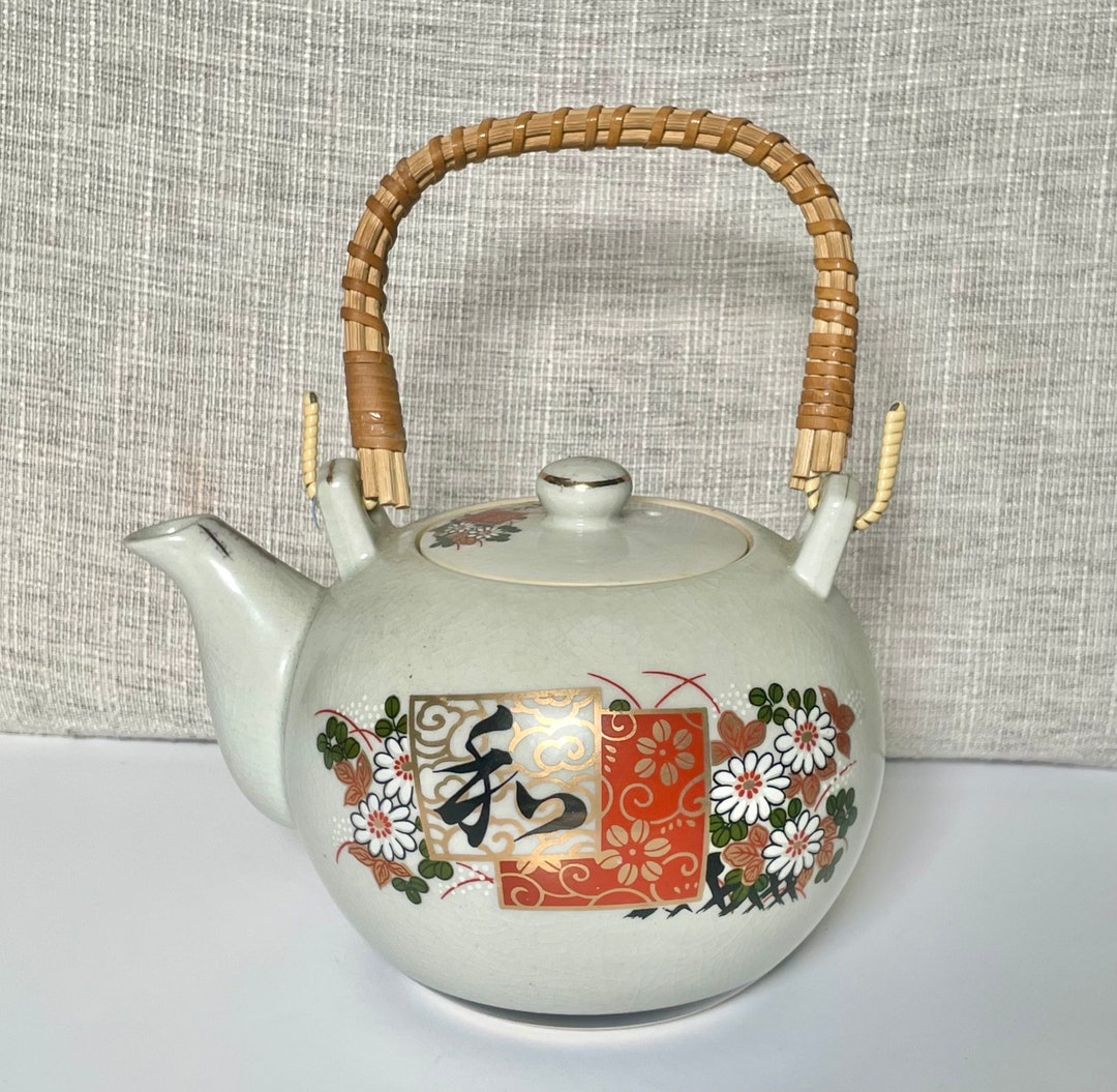Vintage Japanese Ceramic Teapot With Wicker Handle Japan Tea Pot Decor ...