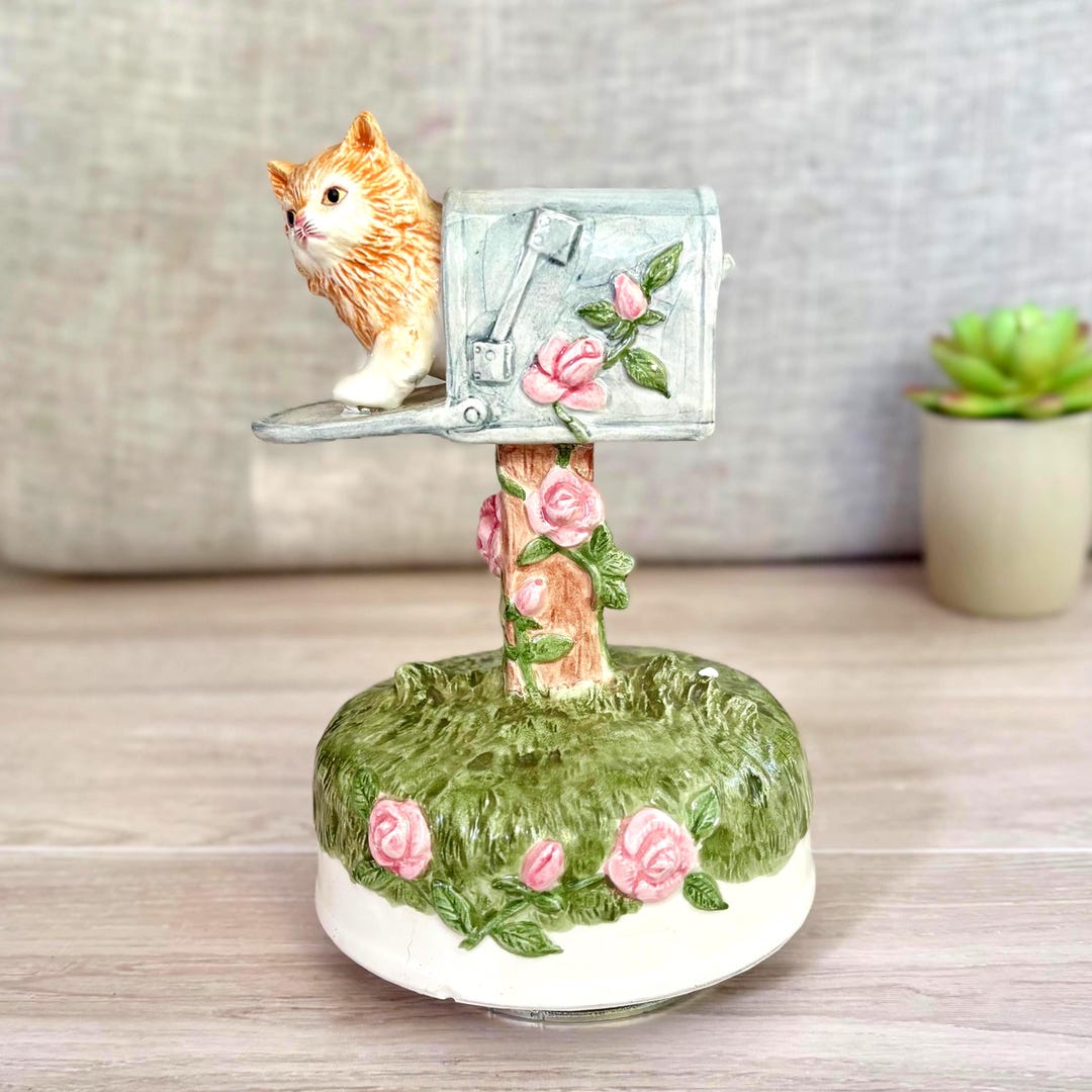 Vintage Otagiri Porcelain Music Box – Orange Cat in Mailbox on Rose ...