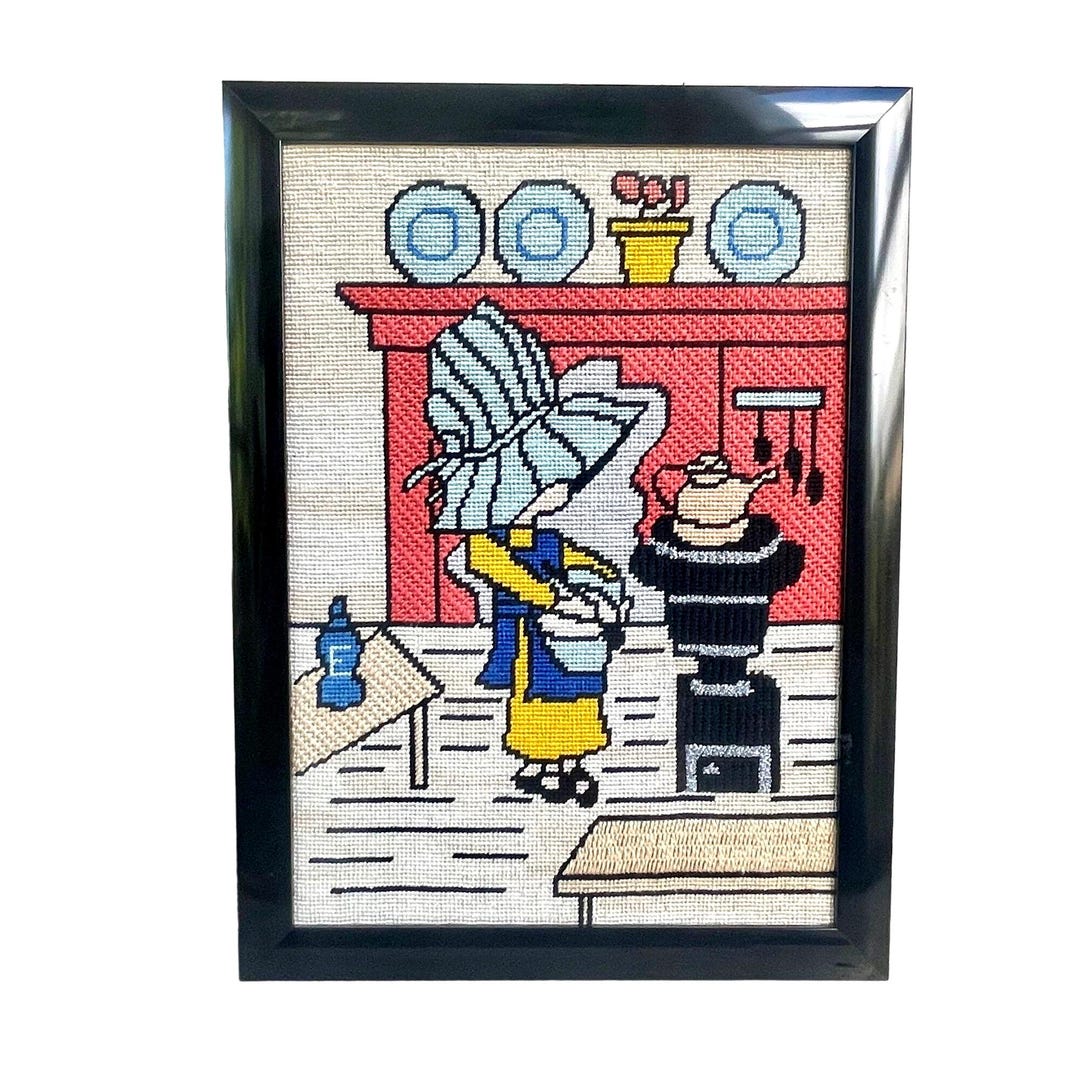 Vintage Framed Needlepoint Kitchen Art – Woman With Stove & Teapot ...