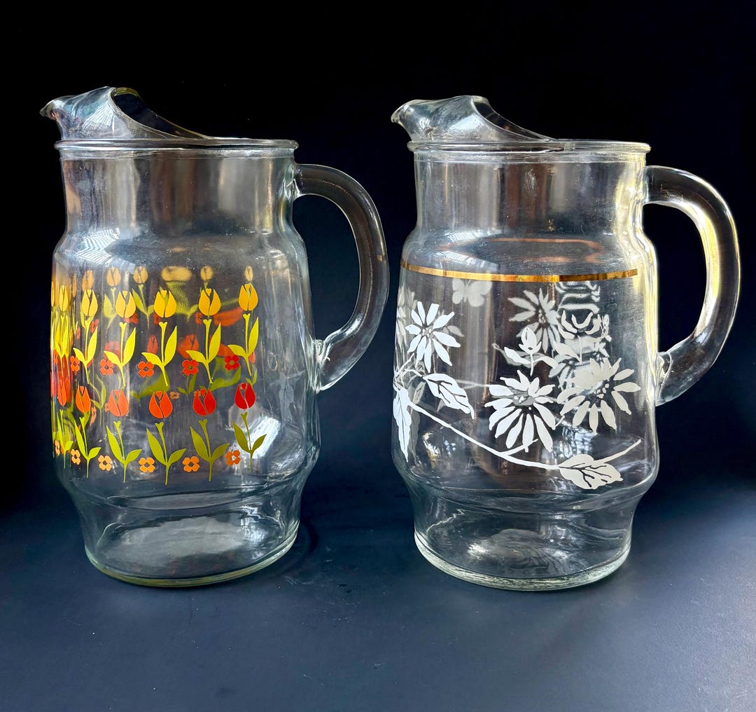 Vintage Glass Pitchers 1950s Floral – Ice Lip Scroll Design – XL 10 ...