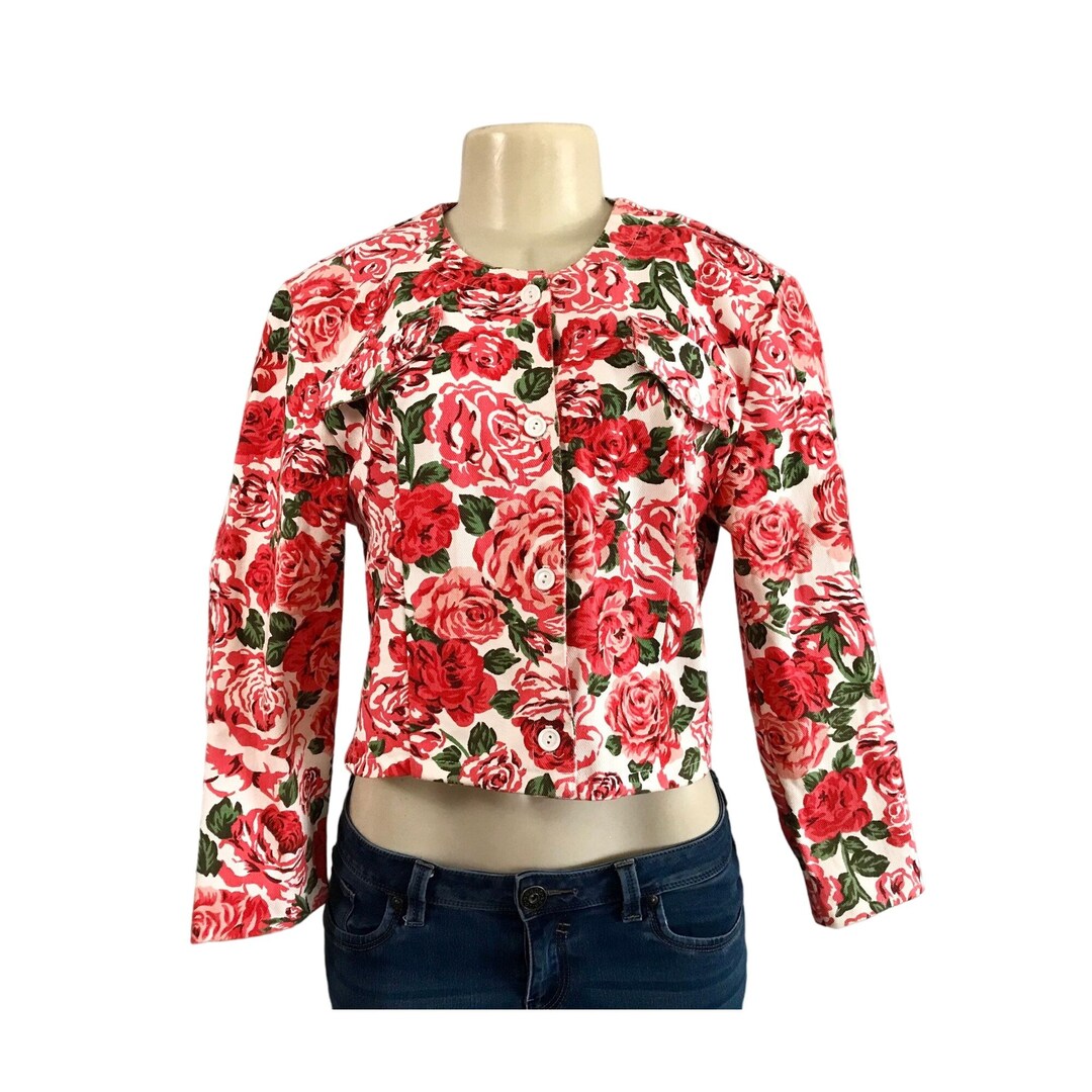Vintage 1990s Cropped Denim Jacket Size S Red Roses Retro Short Cropped ...