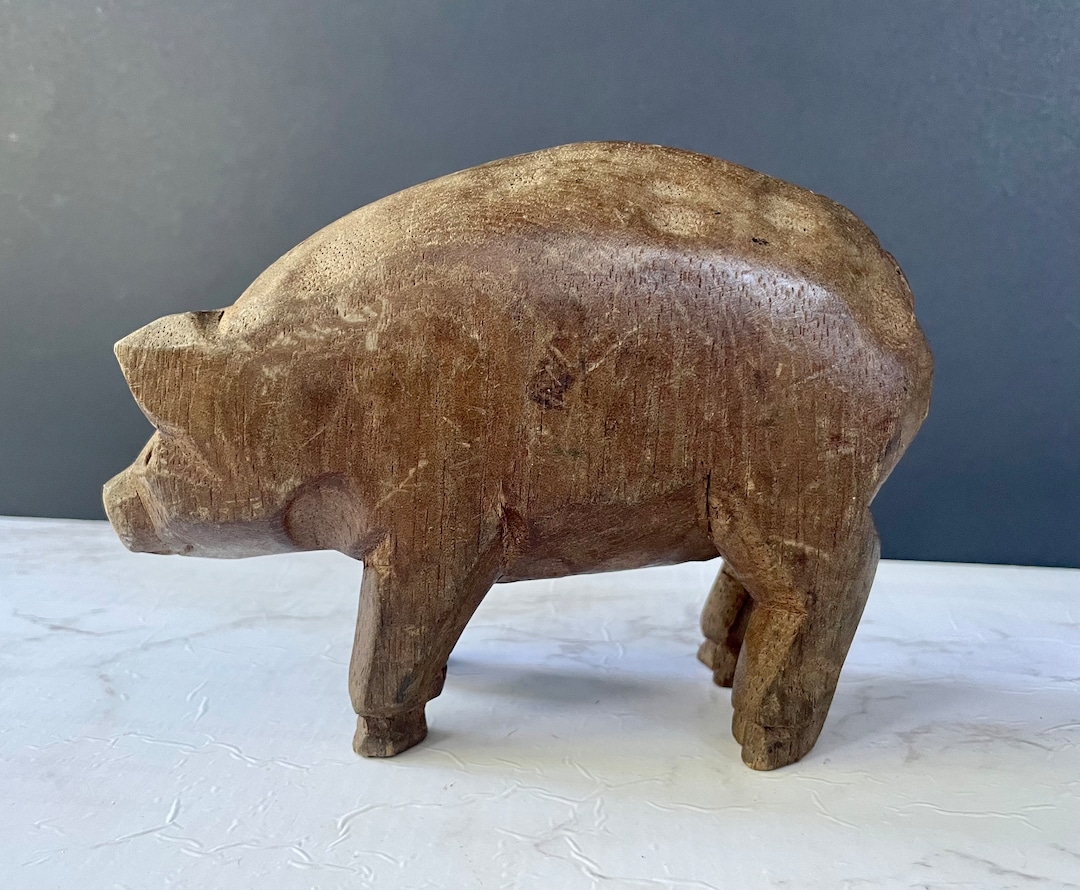 Vintage Wooden Pig Figurine Hand Carved Wood Folk Art Sculpture Boar ...