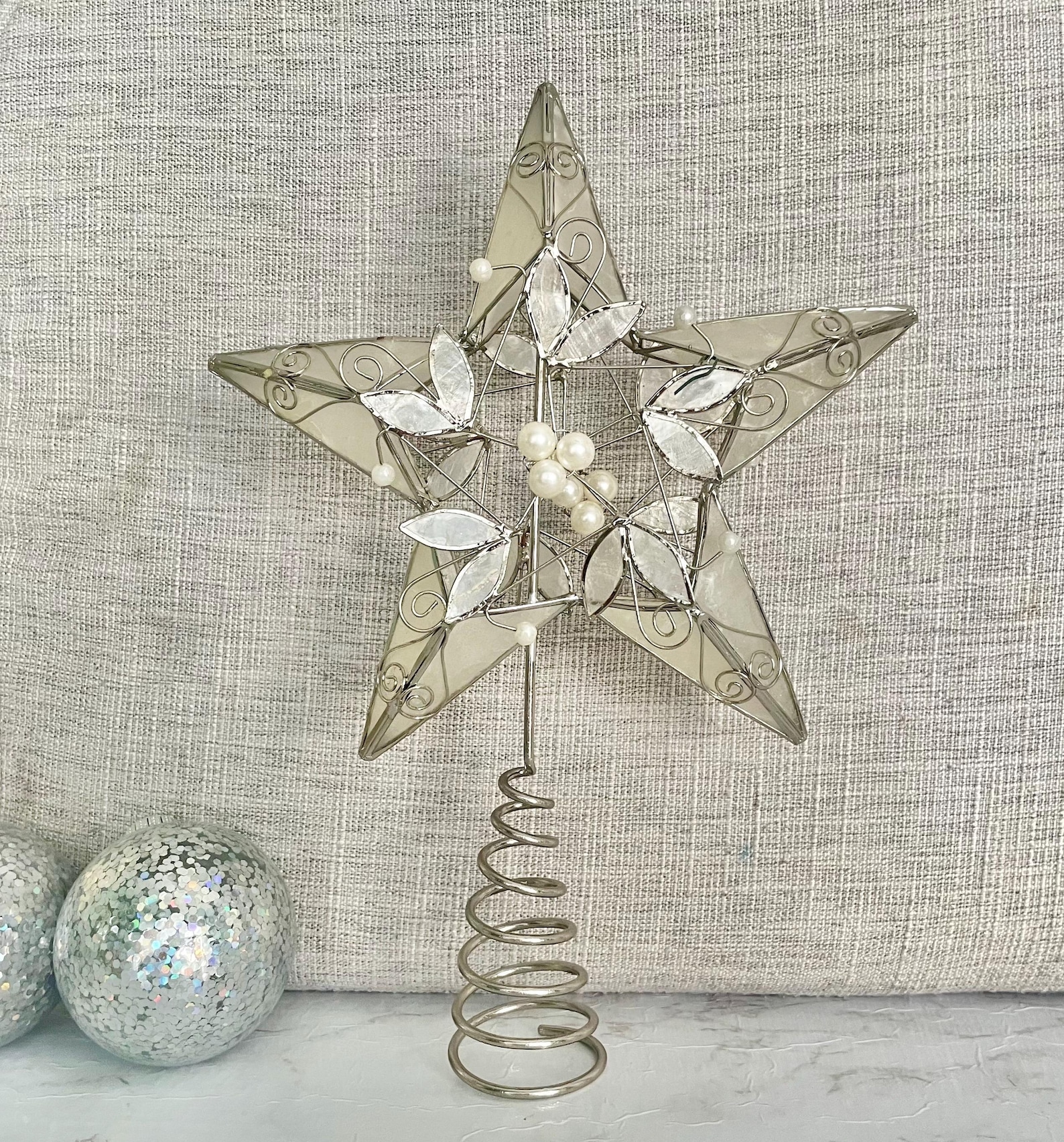 Vintage Capiz Shell Tree Topper Star With Pearls & Silver Tone Metal ...