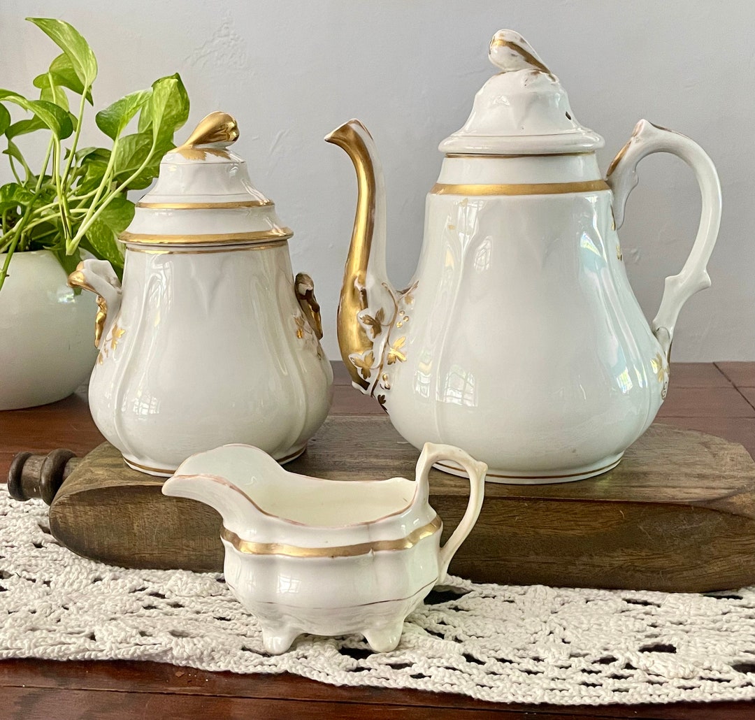 Antique Old Paris Porcelain Set Teapot Sucrier & Creamer White With ...