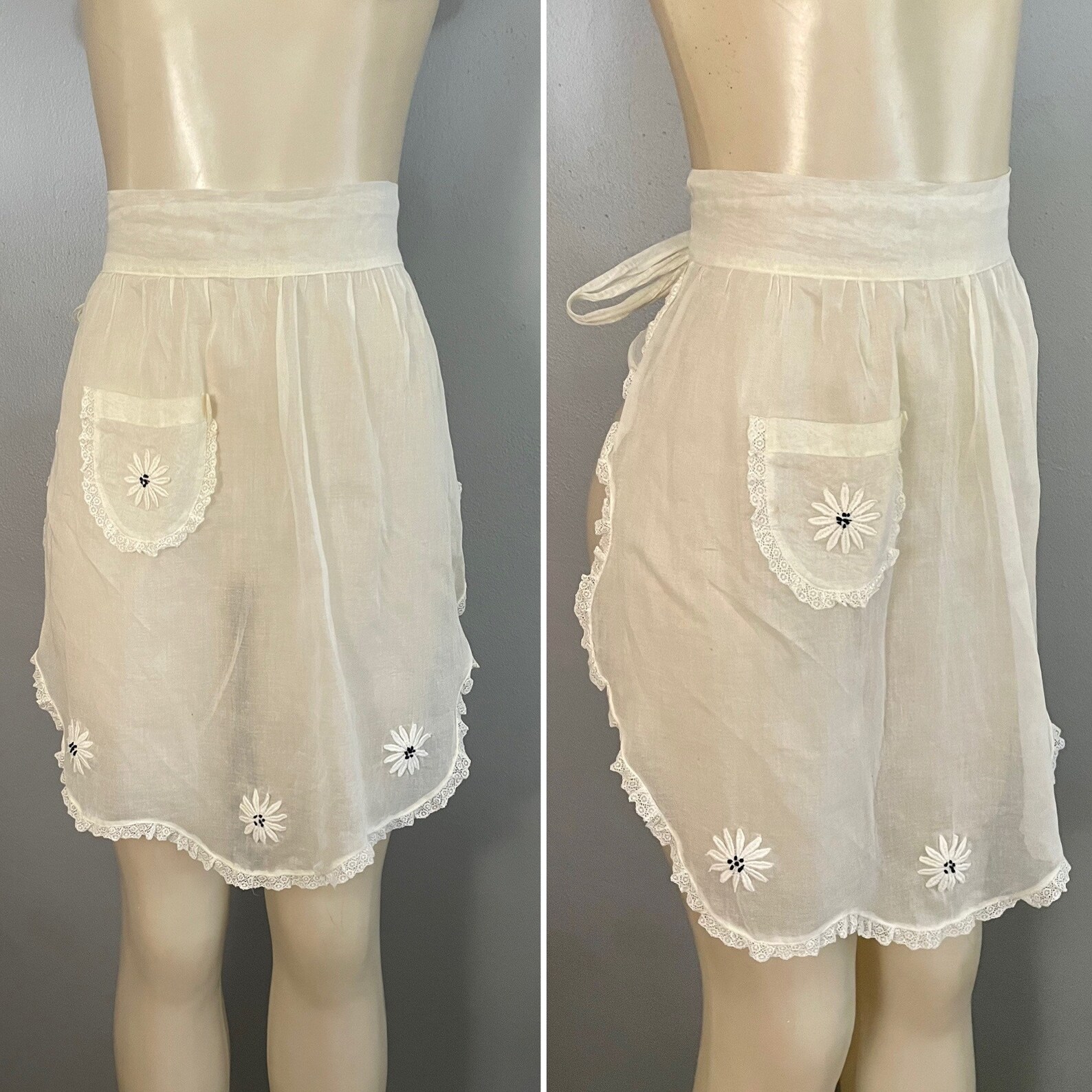 Midcentury Sheer Half Apron With Floral Details and Lace Trim | Etsy