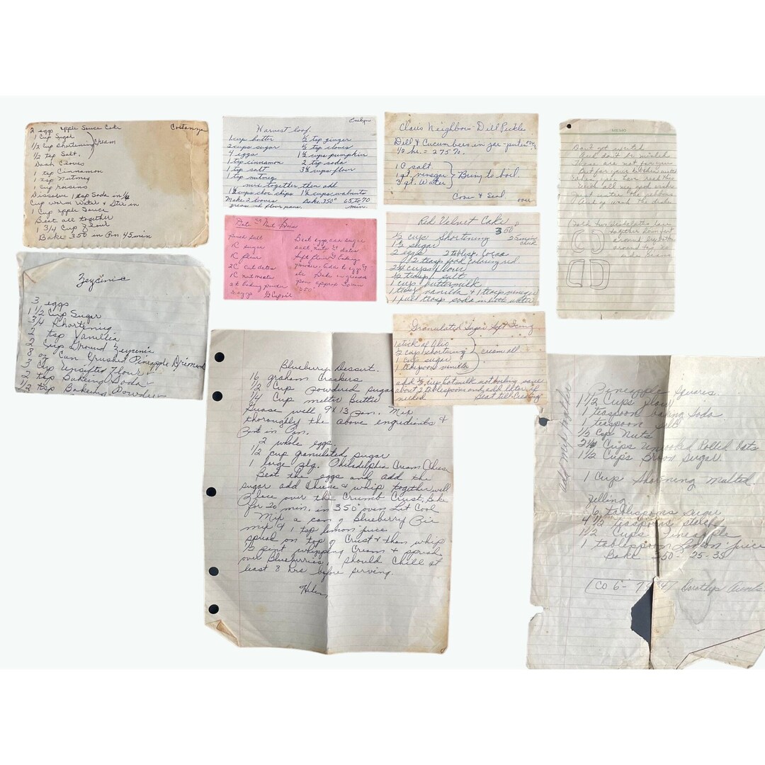 Vintage Handwritten Recipe Cards and Cuttings for Baking Kitchen Wall ...