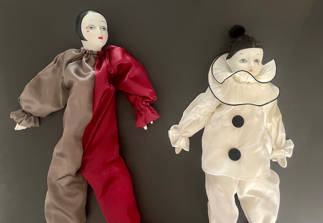 Vintage French Pierrot & Pierrette Mime Clown Doll Porcelain Head Feet ...