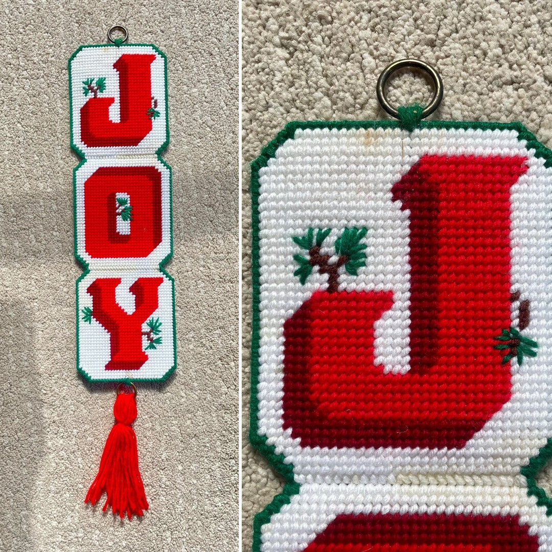 Vintage JOY Wall Hanging Needlepoint Christmas Decor by Herrschners 25 ...