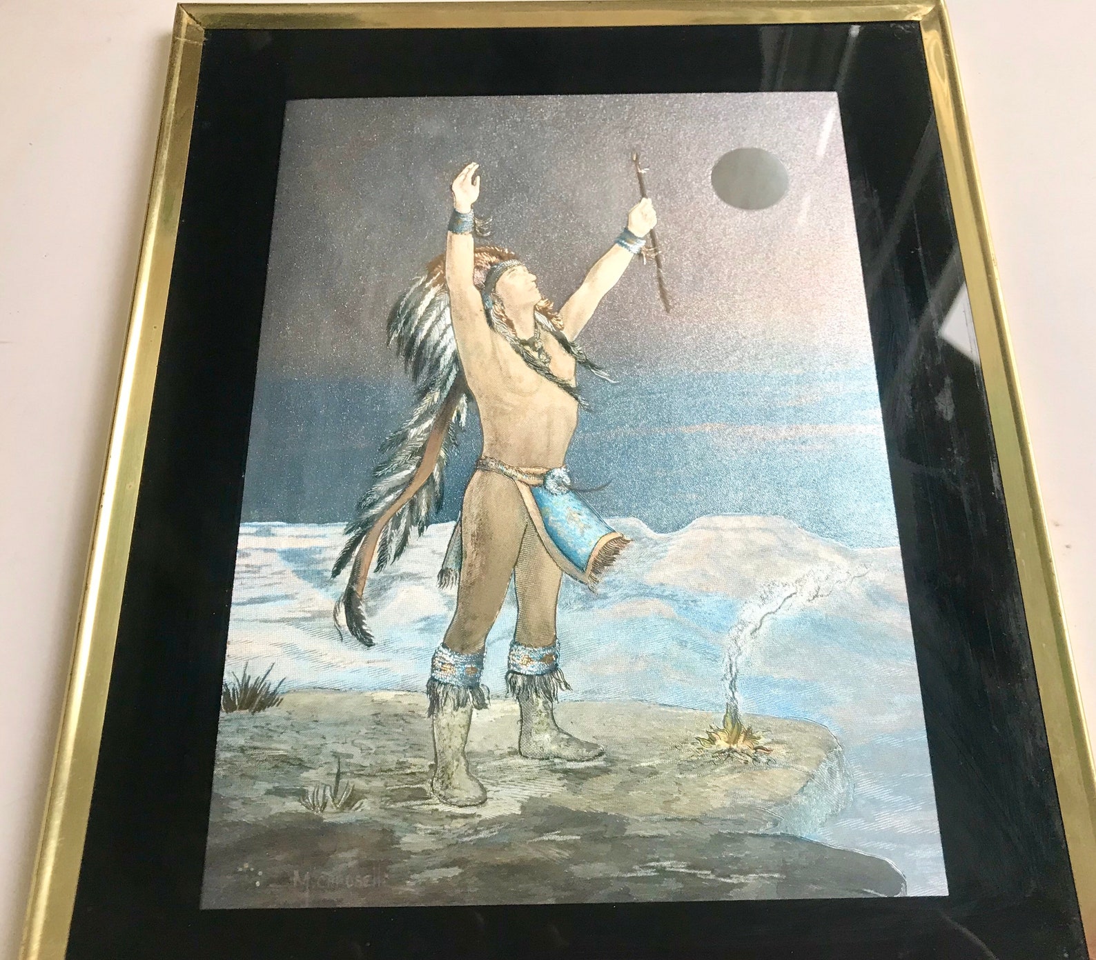 Vintage M Caroselli Foil Wall Art Indian Calling Spirit Native | Etsy