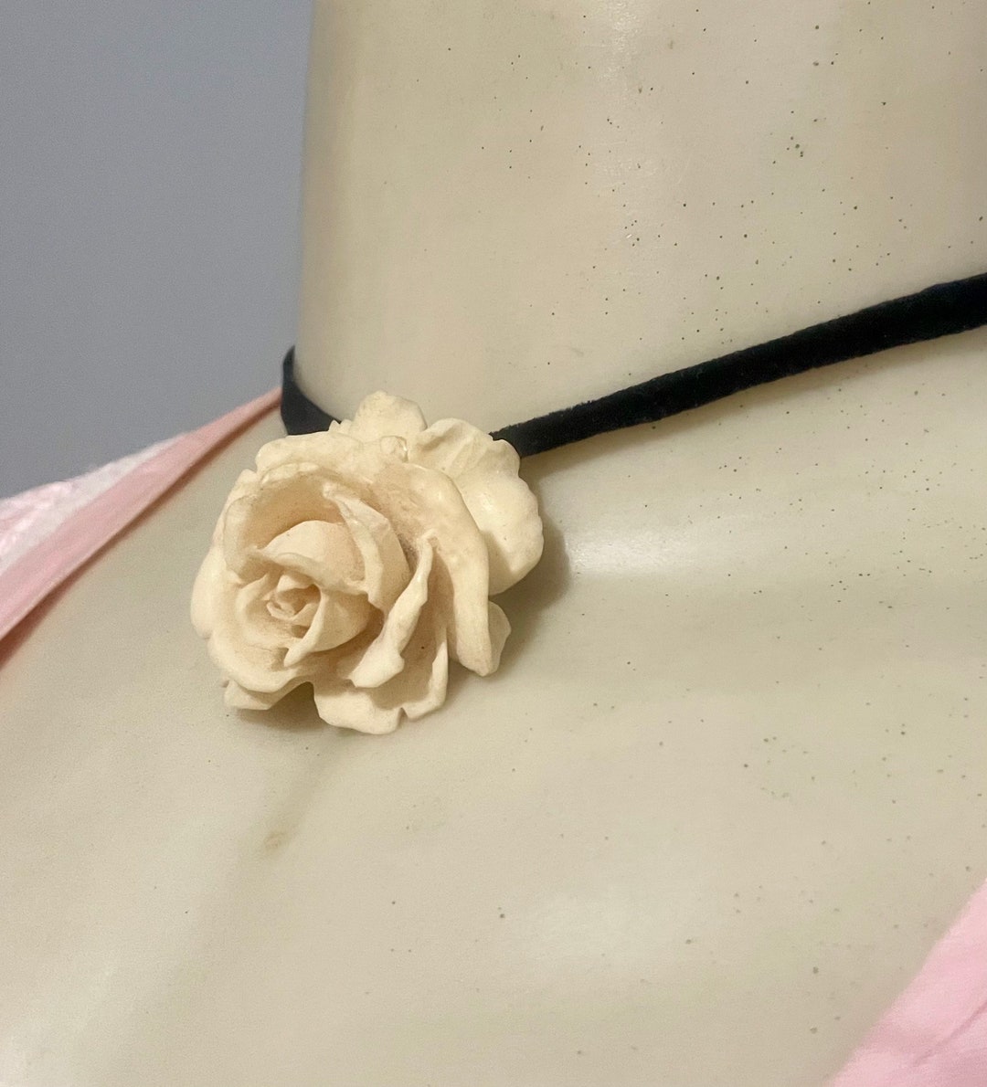 Antique Carved Bone Rose and Velvet Choker Necklace Edwardian, Vintage ...