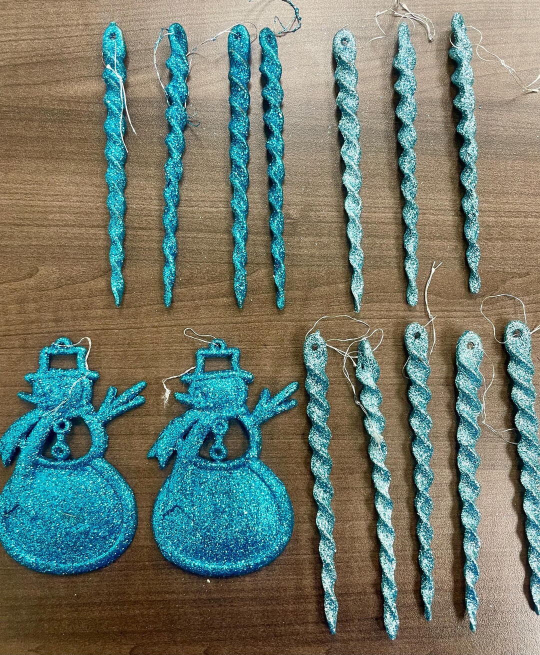 Vintage Blue Glitter Icicle & Snowman Christmas Ornaments Set of 14 ...