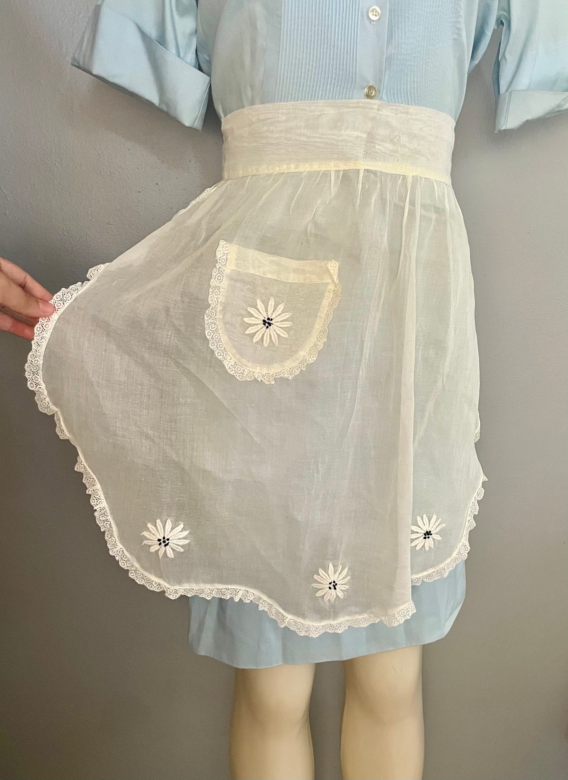 Midcentury Sheer Half Apron With Floral Details and Lace Trim | Etsy