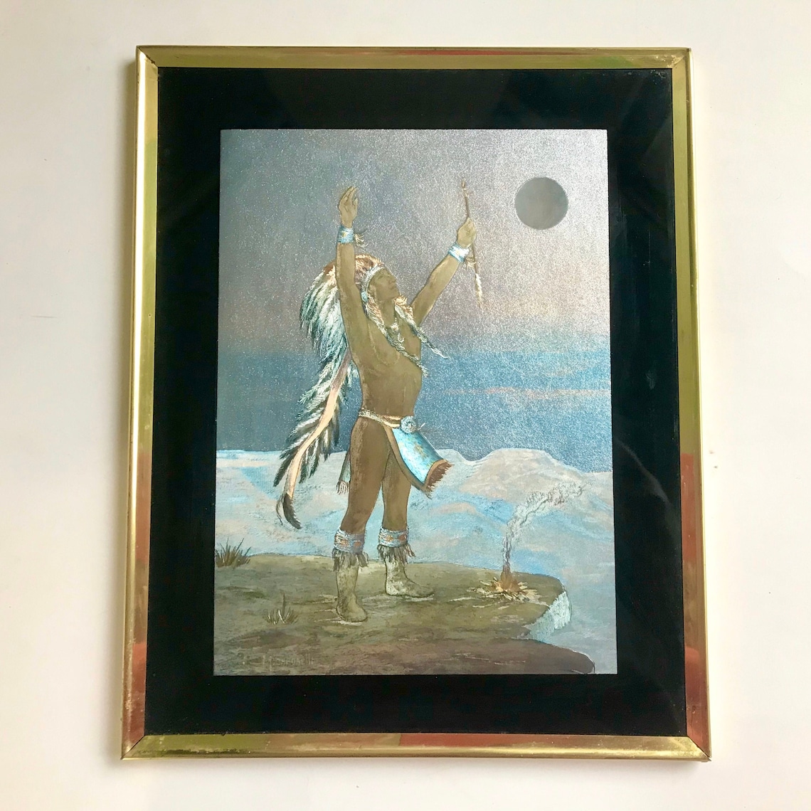 Vintage M Caroselli Foil Wall Art Indian Calling Spirit Native | Etsy