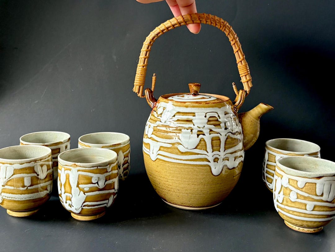 Vintage Japanese Stoneware Tea Set – Mid-century Wicker Handle Teapot ...